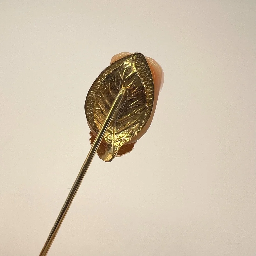 Jewelry | Gold Tone Carved Pinkpeach Lucite Rose Etched Leaves Stick ...